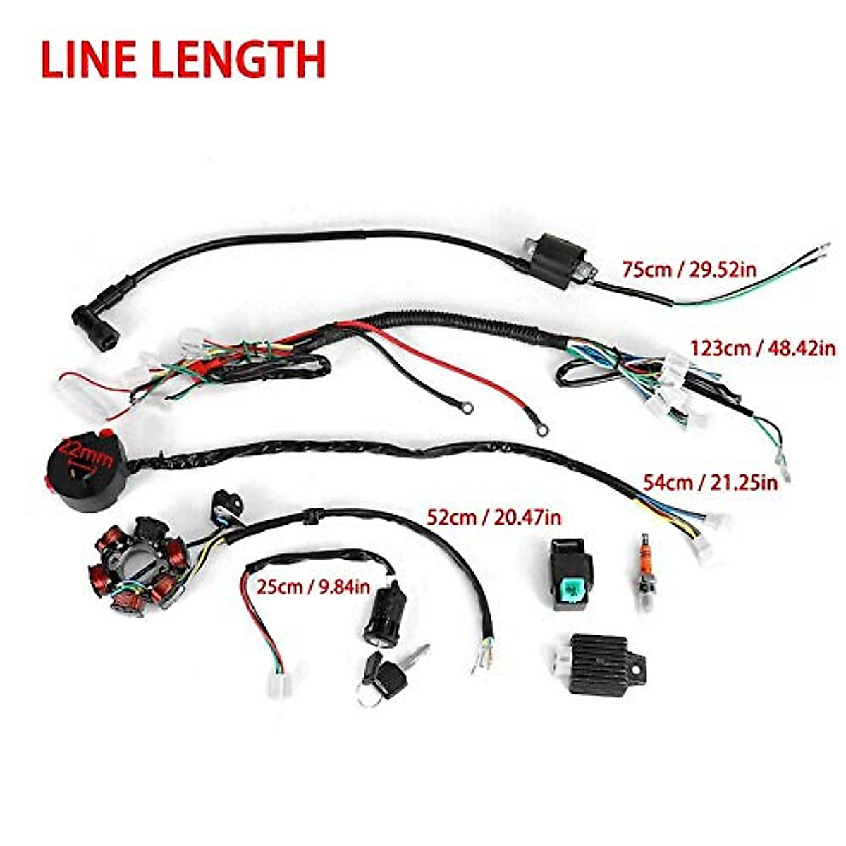 Quad Wire Harness Complete Electrics Stator Coil CDI Wiring Harness Solenoid Relay Spark Plug for 4 Wheelers Stroke ATV 50cc 70cc 90cc 110cc 125cc Pit Quad Dirt Buggy Bike Go Kart Parts