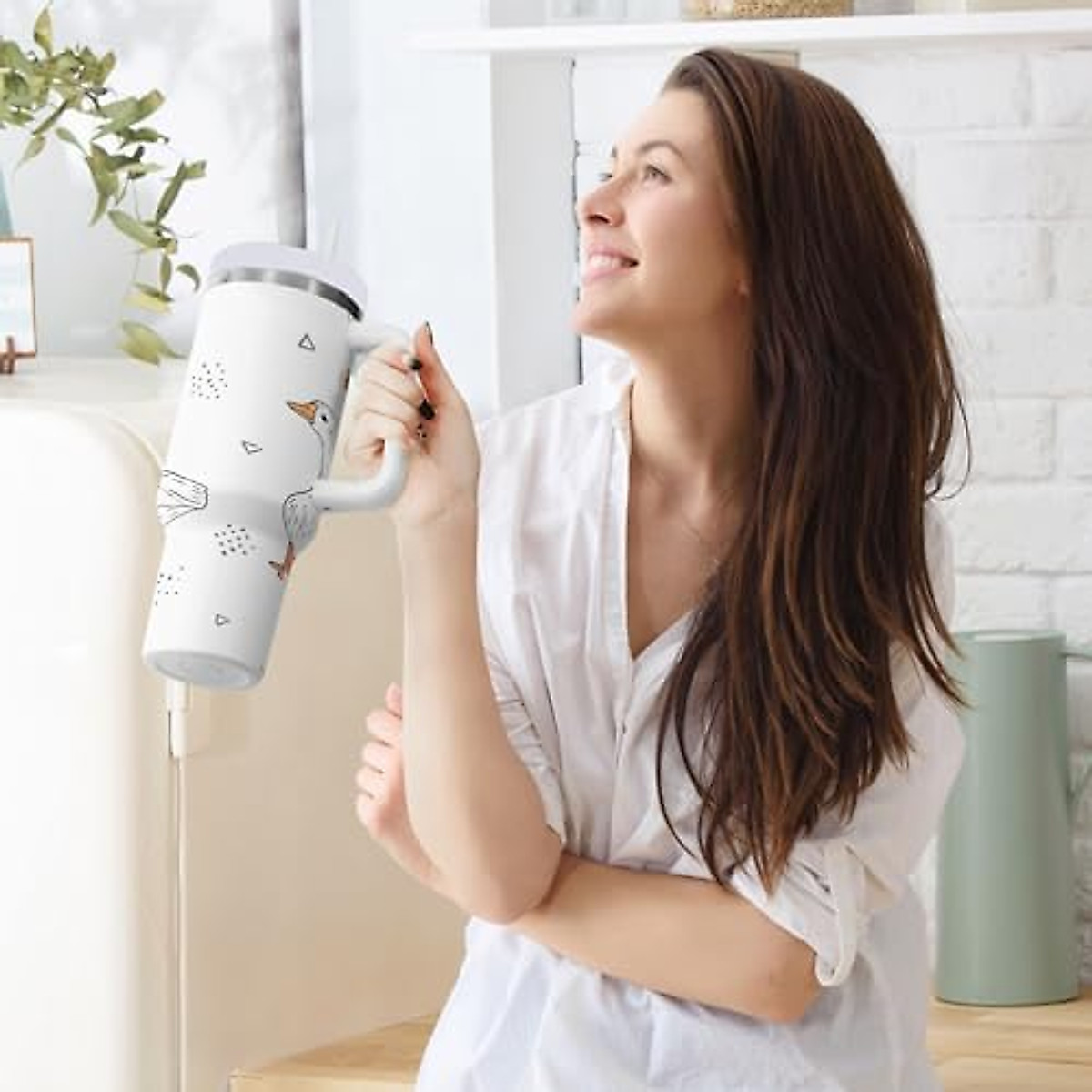 RPLIFE Cute Little Geese White Stainless Steel Tumbler, Insulated Cups with Lids, Coffee Tumbler for Women