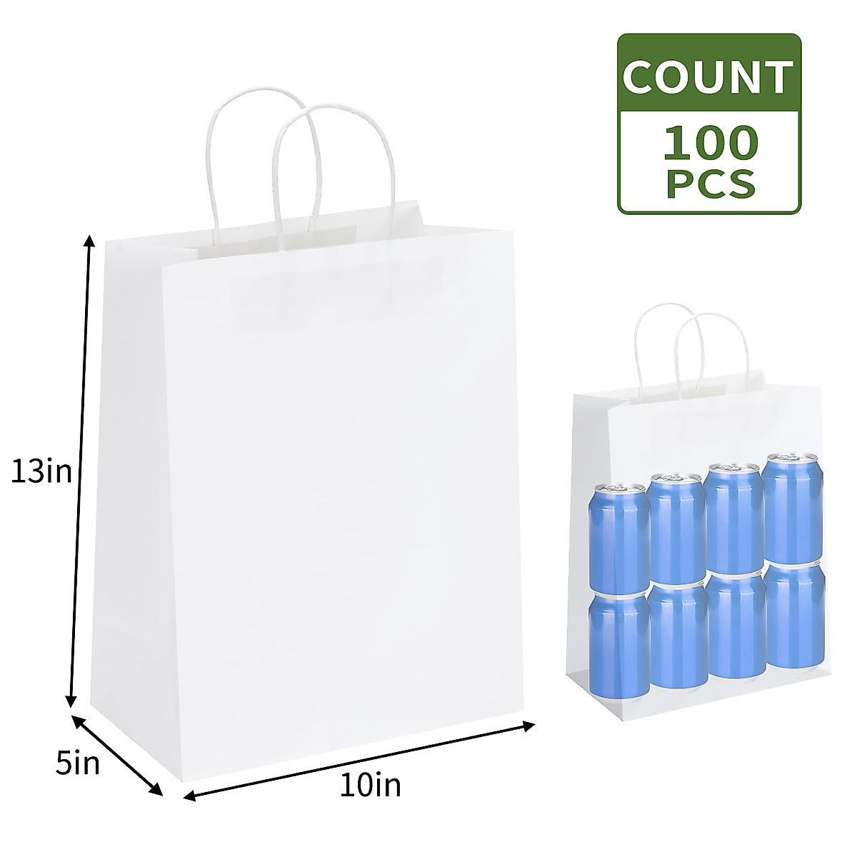 Moretoes Paper Bags with Handles 100pcs 10x5x13 Inches, White Kraft Gift Bags Bulk, Shopping Bags, Retail Bags for Small Business, Birthday Wedding Party Favor Bags, Merchandise Bags