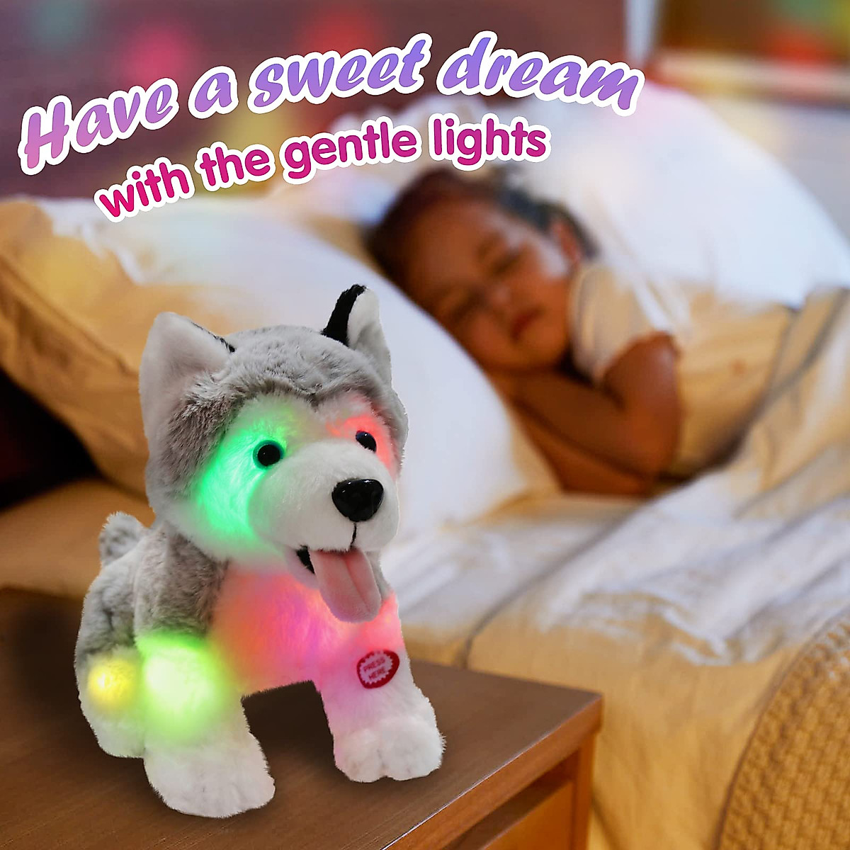 Athoinsu Light up Husky Dog Stuffed Animal Soft Glowing Plush Puppy Toy with Magic LED Night Lights Valentine's Day Children's Day Birthday for Toddler Kids, 8''