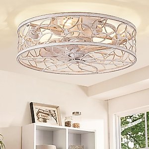 LEDIARY Caged Ceiling Fans with Lights, White Flush Mount Ceiling Fan with Remote, Small Low Profile Bladeless Ceiling Fan Light Fixture for Bedroom, Kitchen, Dining Room-White Gold Color