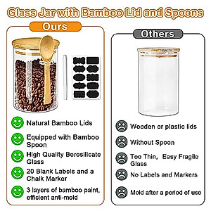 Yomarket 4 Pack Airtight Glass Jars with Bamboo Lid and Spoons 17 Oz Food Storage Container with Labels, Overnight Oats Containers with Lids for Flour, Sugar, Tea, Cookies, Candy, Cereal, Coffee