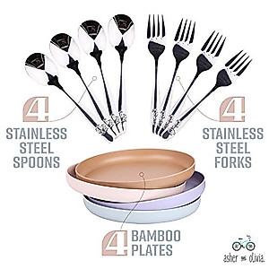 Bamboo Plates for Kids and Toddlers – 12 Pack Bamboo Toddler Plates & Stainless Steel Silverware Set – 8 Inch Bamboo Kids Plates – Eco-Friendly Kids Bamboo Plates – Dishwasher Safe