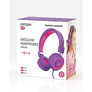 Kids Headphones, Eposy E10 Wired Headphones for Kids Foldable Stereo Bass Headphones with Adjustable Headband, Tangle-Free 3.5 mm Jack for School, On-Ear Headset for Boys Girls Cellphones(Pink/Purple)