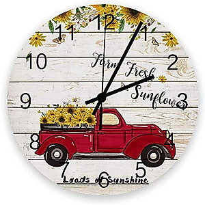 JUJUE Red Pickup Truck Full of Sunflowers Wall Clock 9.5 Inch Round Quiet Clock for Home Office Room Decorative
