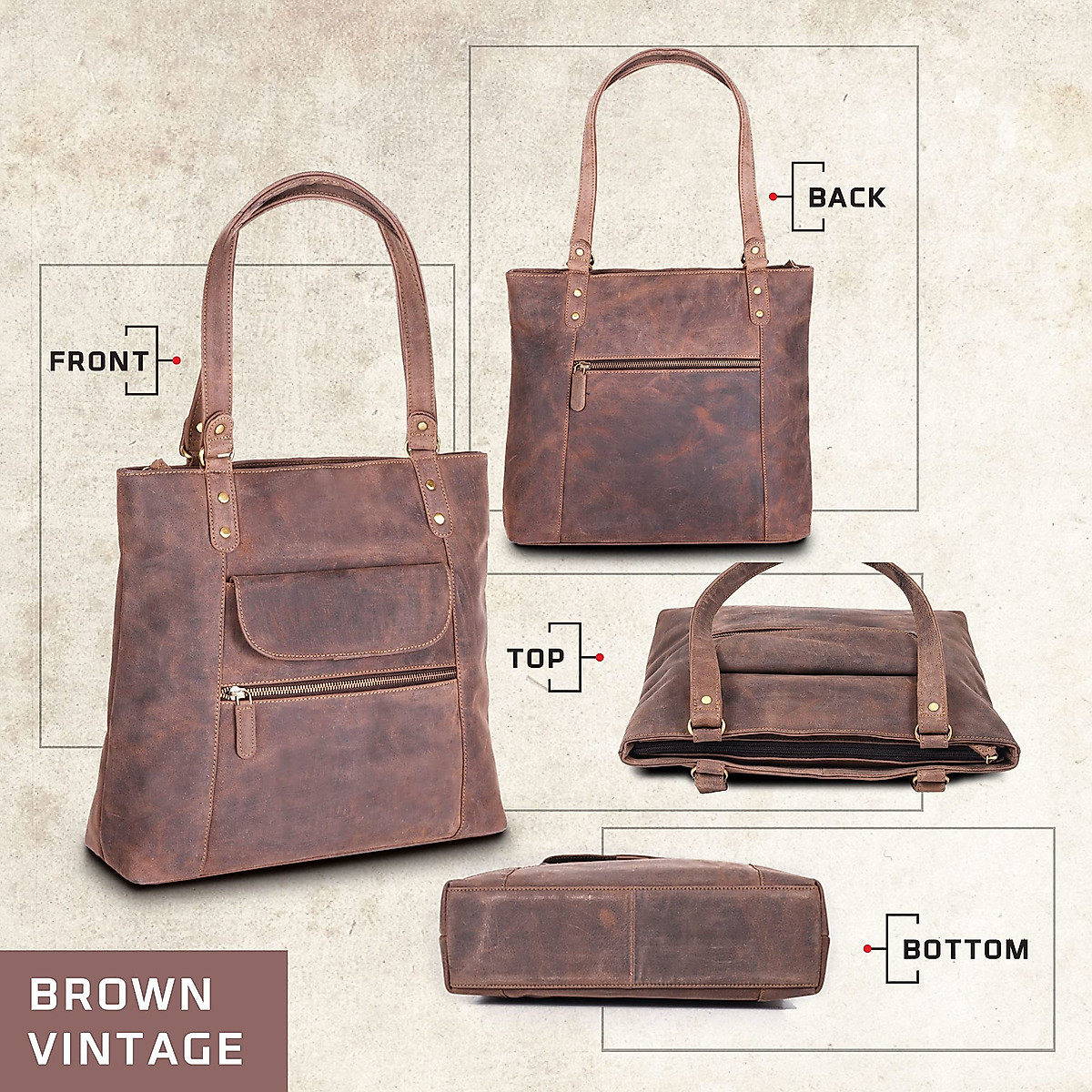 VALENCHI-Leather Shoulder Bag with Front and Back Zipper pocket with Large storage capacity (Brown Vintage)