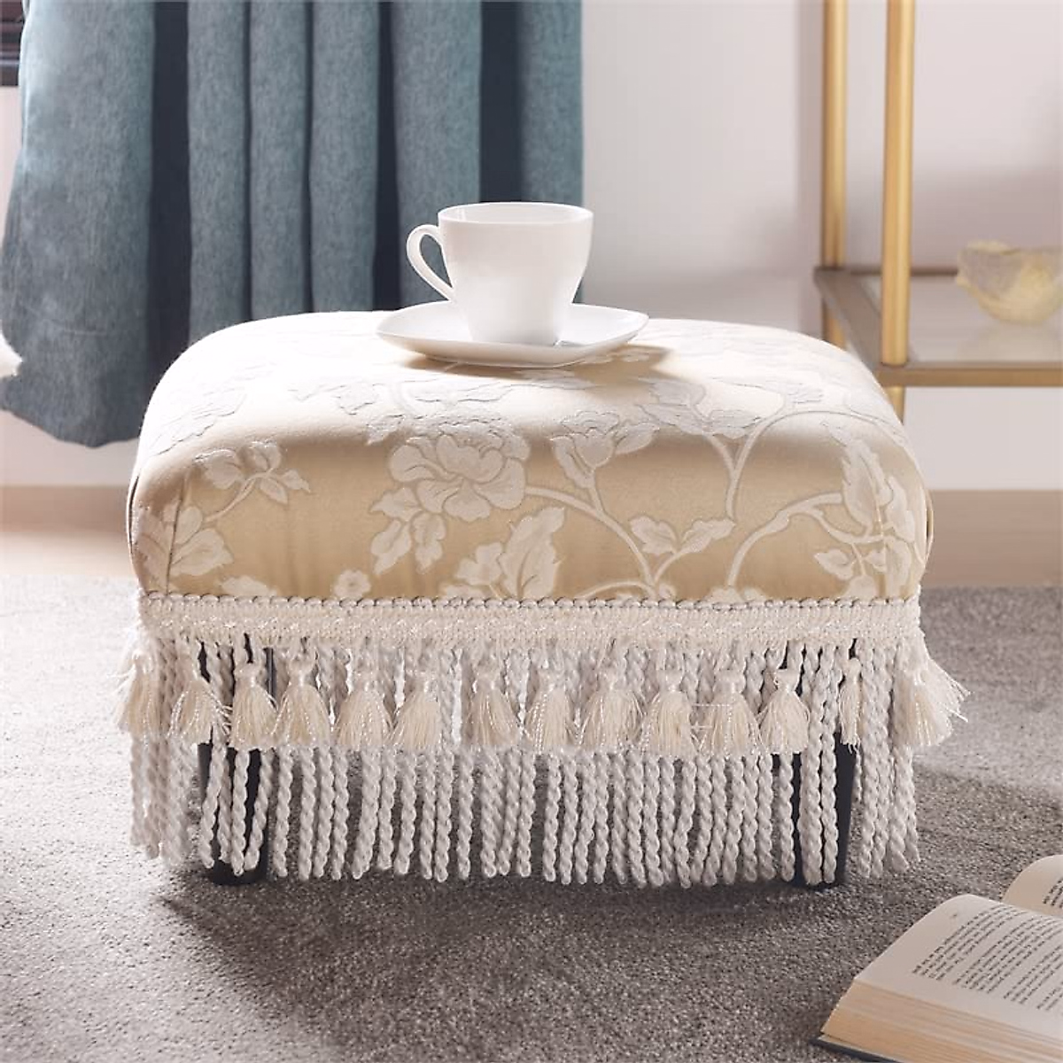 Jennifer Taylor Home Fiona Accent Footstool Ottoman, Champagne Beige Floral Jacquard with Ivory Trim