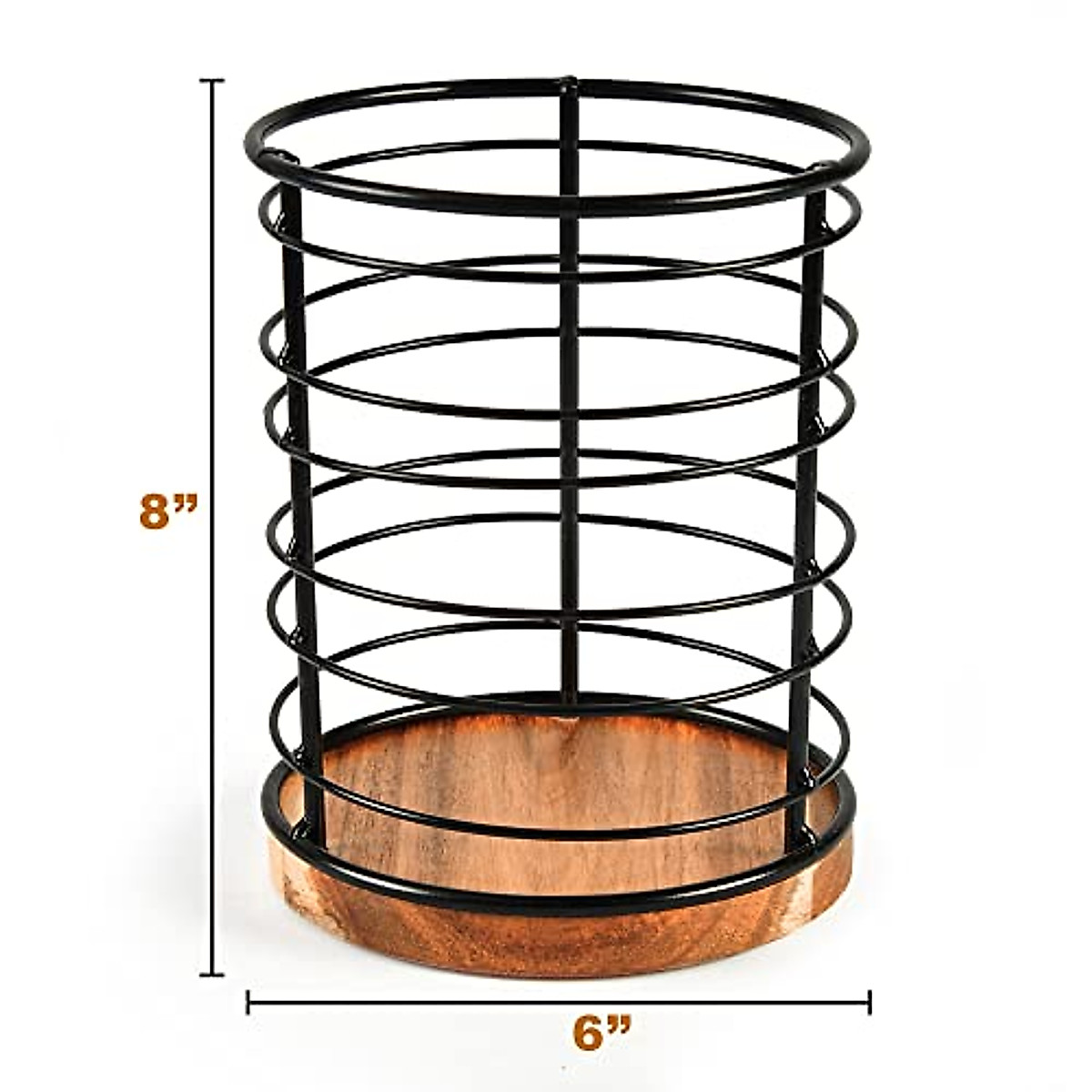 Utensil Holder for Kitchen Counter, Black Metal Wire Cooking Utensil Holder with Acacia Wooden Base, Large Kitchen Utensil Holder for Countertop