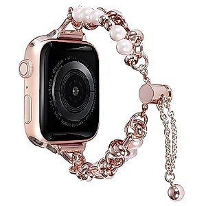 Maymosa Beaded Bracelet Compatible for Apple Watch Band Series Ultra Se 8 7 6 5 4 3 2 1 Pearl Stainless Steel Metal Handmade Beaded Strap 38mm 40mm 41mm, Adjustable Replacement Strap for Women