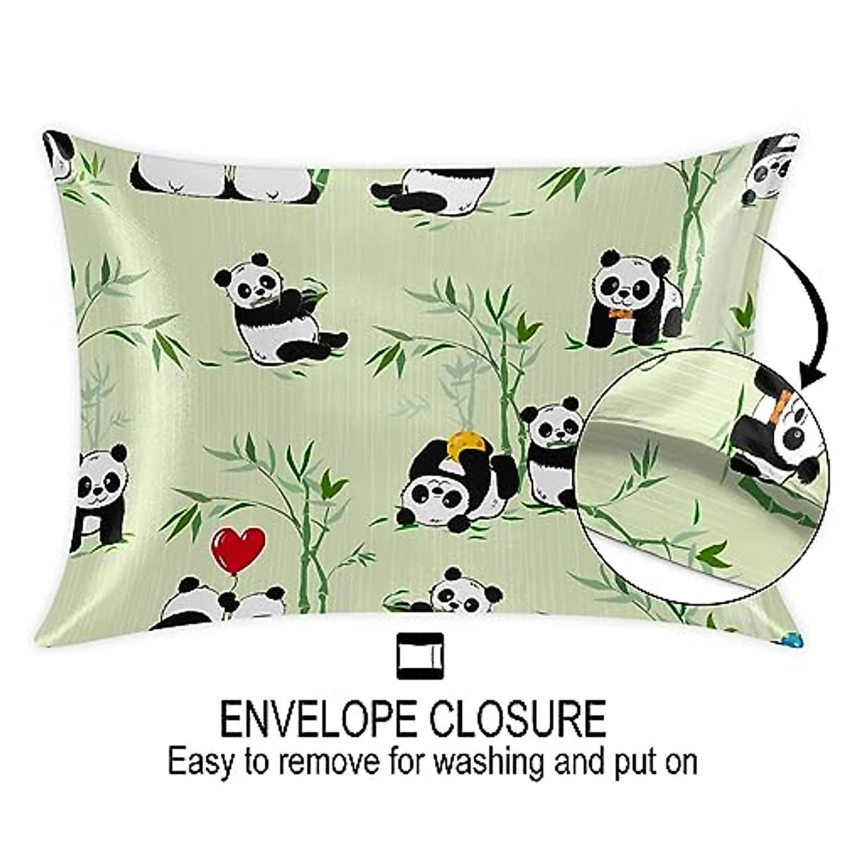 Bamboo Animal Panda Satin Pillow Cases Silk Satin Pillowcase for Hair and Skin Standard Set of 2 Super Soft Silk Pillowcase with Envelope Closure (20x26 in)
