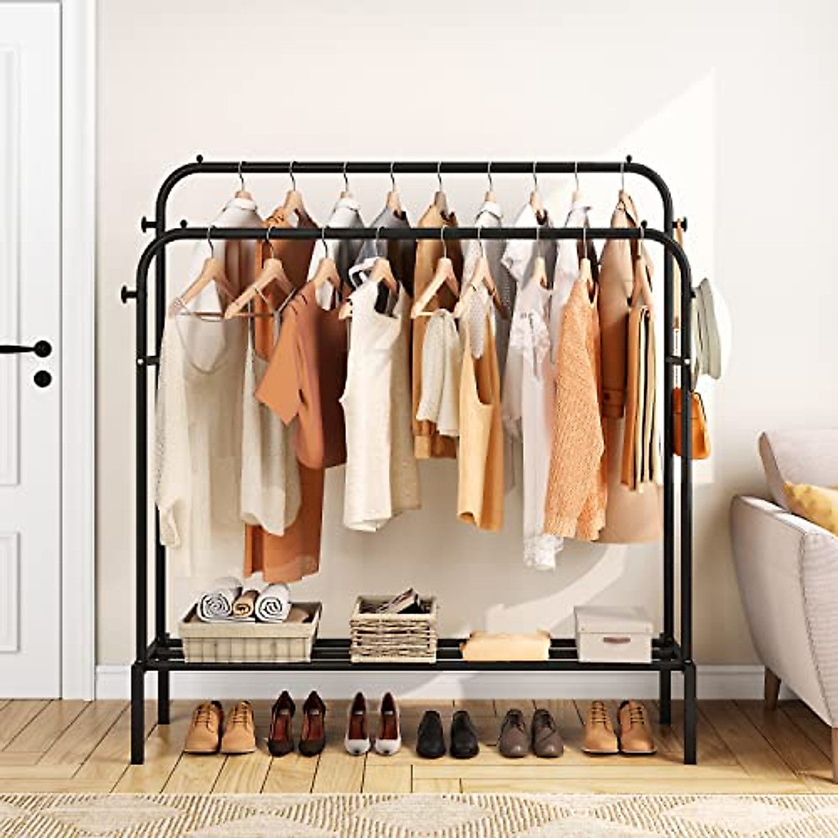 JOISCOPE Double Rods Portable Garment Rack for Hanging clothes, 43.7 * 55.5 Inch Metal Clothing Rack with Bottom Shelves and 4 Hooks,Freestanding Clothes Rack for Bedroom,Space Saving, Black