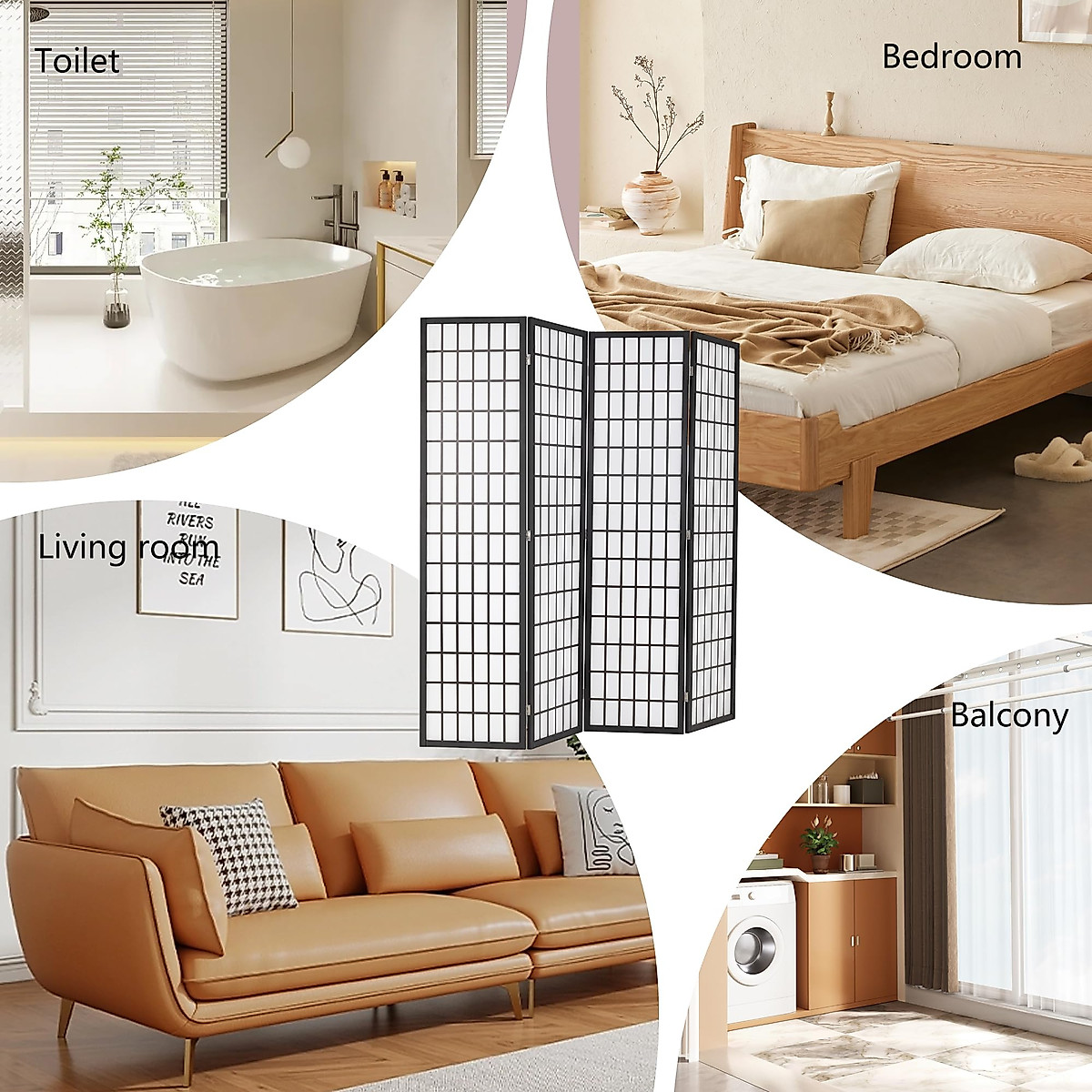 Room Divider 6Ft Folding Oriental Shoji Screen - Portable Privacy Divider with 4 Panels, Freestanding Japanese-Inspired Wood Partition Screen, White