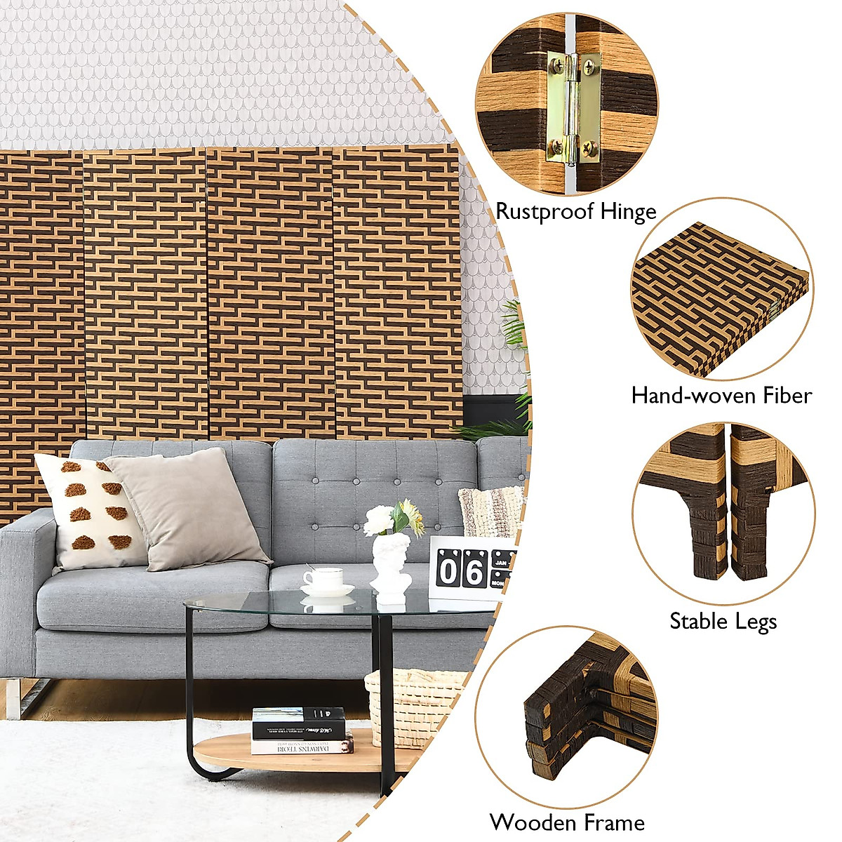 Giantex Room Divider, 6 Ft 4 Panel Handmade Rattan Room Divider, Wood Folding Screen Room Separating Divider, Freestanding Small Boho Room Dividers