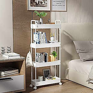 SOLEJAZZ Slim Storage Cart, 4 Tier Bathroom Organizer Mobile Shelving Unit, Rolling Utility Cart Slide Out Organizer for Kitchen, Bathroom, Laundry, Narrow Places, White