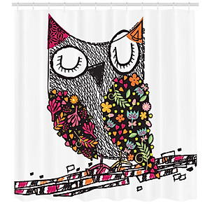 Ambesonne Owls Shower Curtain, Owl Shaped by Geometric Floral Blooms Plants Patterns Colorful Doodle Design, Cloth Fabric Bathroom Decor Set with Hooks, 69" W x 75" L, Multicolor