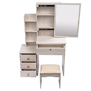 DTGPRO Crazy ELF Left Bedside Desk Model Vanity Table + Cushioned Stool, Extra Large Mirror Surface, Multi Layer High Capacity Storage, 4 Drawers, Fashionable Makeup Furniture (L31.5 x W14 x H51)