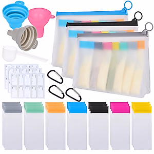 Protein Powder Travel Container with Funnels, Reusable Powder Dispenser Supplement Portable Protein Container To Go, 21pc Single Dose Bags and 3pc Large Standable Zip Bags for Workout, Fitness, Travel