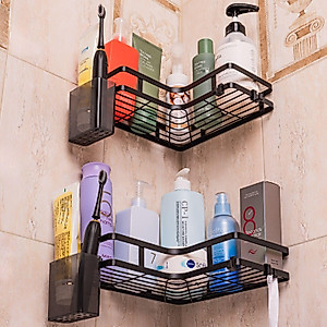 Generic Corner Shower Caddy, 2 Pack Adhesive Shower Corner Organizer Shelves, No Drilling Stainless Steel Shower Storage Rack with Hooks&Toothpaste Holder for Bathroom, Dorm and Kitchen, Black