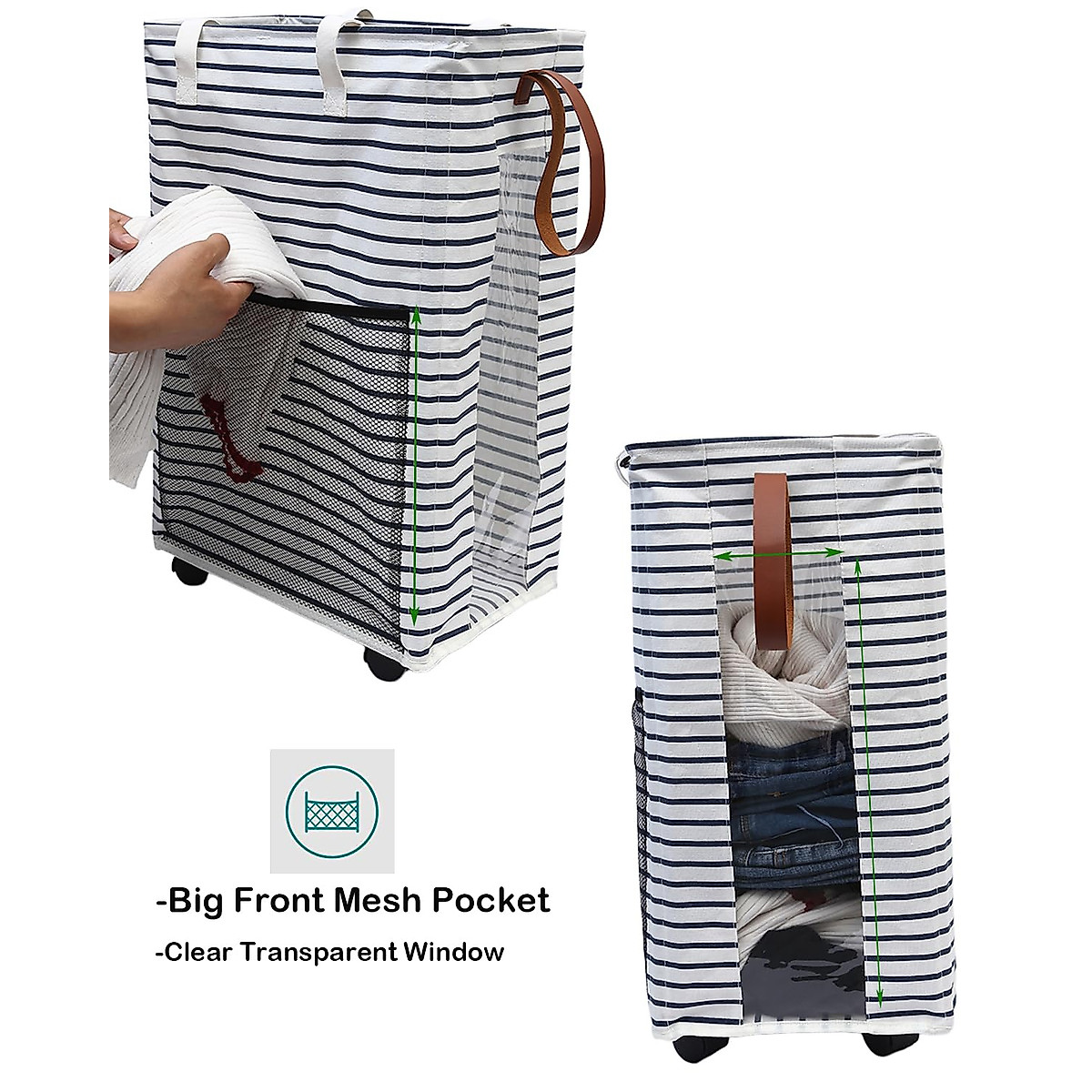 HiCharmcci Laundry Hamper, Wheeled Collapsible Clothes Hampers for Laundry, Large 82L, Dark Blue Strips, Sturdy Oxford Fabric, Mesh Closure, Portable Handle, Transparent Window