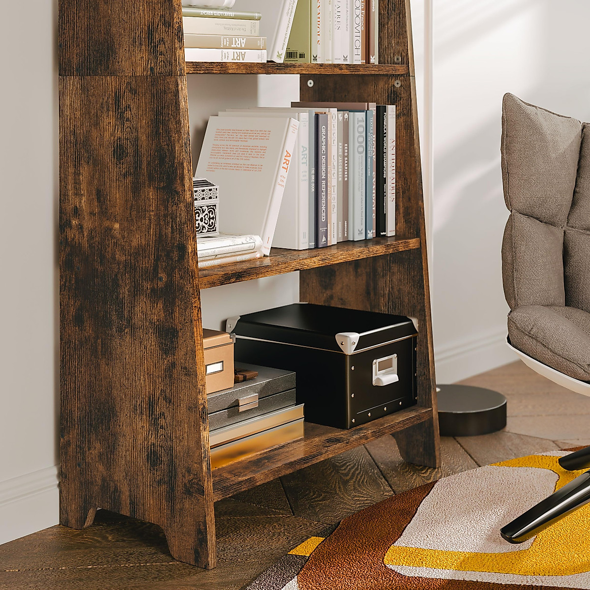 IRONCK Bookshelf and Bookcase, Industrial 5 Tier Wood Ladder Shelf, for Home Office, Living Room, Bed Room, Vintage Brown