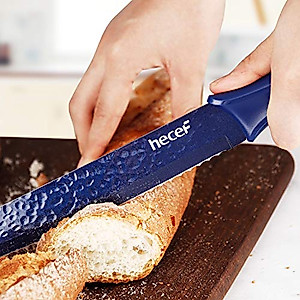 hecef Galaxy Blue Kitchen Knife Set of 5, Non-slip Metallic Ceramic Coated Chef Knife Set, Hammered Blade with Plastic Handle and Protective Blade Sheath