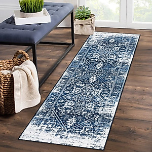 WESTLOOM Large Rug 8x10 Vintage Area Rug Non-Slip Distressed Area Rug Machine Washable Indoor Floor Carpet Low Pile Rug Foldable Accent Rug for Bedroom Nursery, Navy