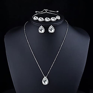 LOYALLOOK Bridal Rhinestone Teardrop Statement Necklace Bracelets and Dangle Earrings Jewerry Sets for Proms Weddings