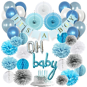 Vidal Crafts Baby Shower Decorations for Boy Complete Kit with Its a Boy Banner, Balloons, Paper Flowers, Honeycomb Balls, Paper Fans, and Oh Boy Foil Ideal Baby Boy Shower Decor and Party Supplies