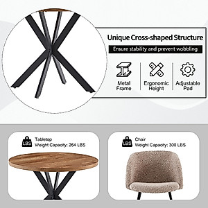NORDICANA 5 Pieces 37-Inch Round Dining Table and Upholstered Chairs for Four Person, MDF Table-top, Light Brown Fuzzy Sherpa Armchairs with Black Metal Leg for Kitchen, Reception Room