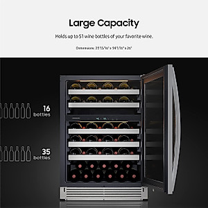 SAMSUNG 34-Inch Wine Cooler Refrigerator, 51 Bottle Capacity, Freestanding, Under Cabinet Fridge w/ Dual Temperature Zones, LED Lighting, Fingerprint Resistant, RW51TS338SR/AA, Stainless Steel
