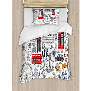 Ambesonne Hipster Duvet Cover Set, I Love London Double Decker Bus Telephone Booth Cab Crown of United Kingdom Big Ben, Decorative 2 Piece Bedding Set with 1 Pillow Sham, Twin Size, White Red