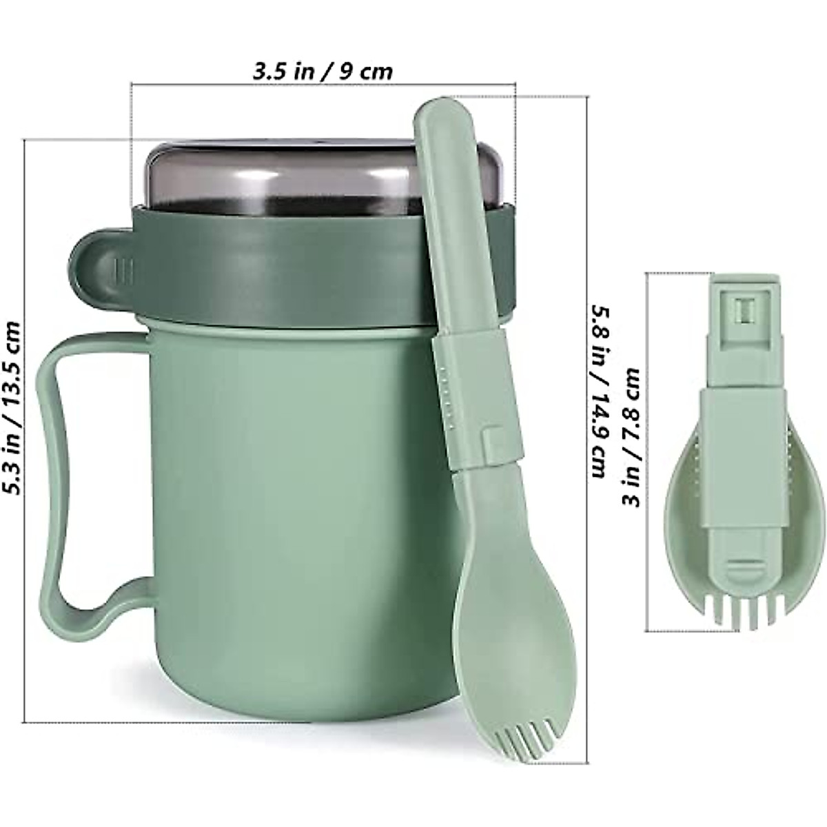 SUNSHNO Soup Mug with Lid and Scoop,18 Ounce Microwave Soup Mugs Food Flasks Oven Milk Cup Food Jar Container for Breakfast Soups, Noodles, Hot Cereal and More (Green)