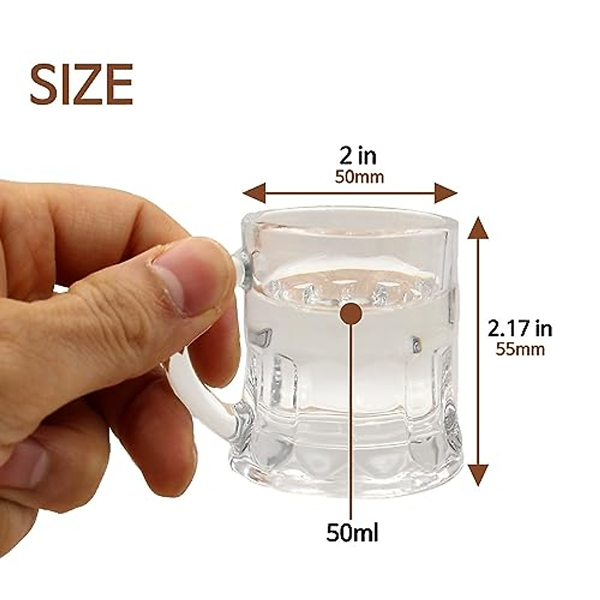 KAZARIKO Korean Shot Glass with Handle Set of 6 or 12, Mini Heavy Base Clear Beer Mugs, Soju Glasses 50 ml/1.8 oz Whiskey, Tequila, Liquor (6Pack)