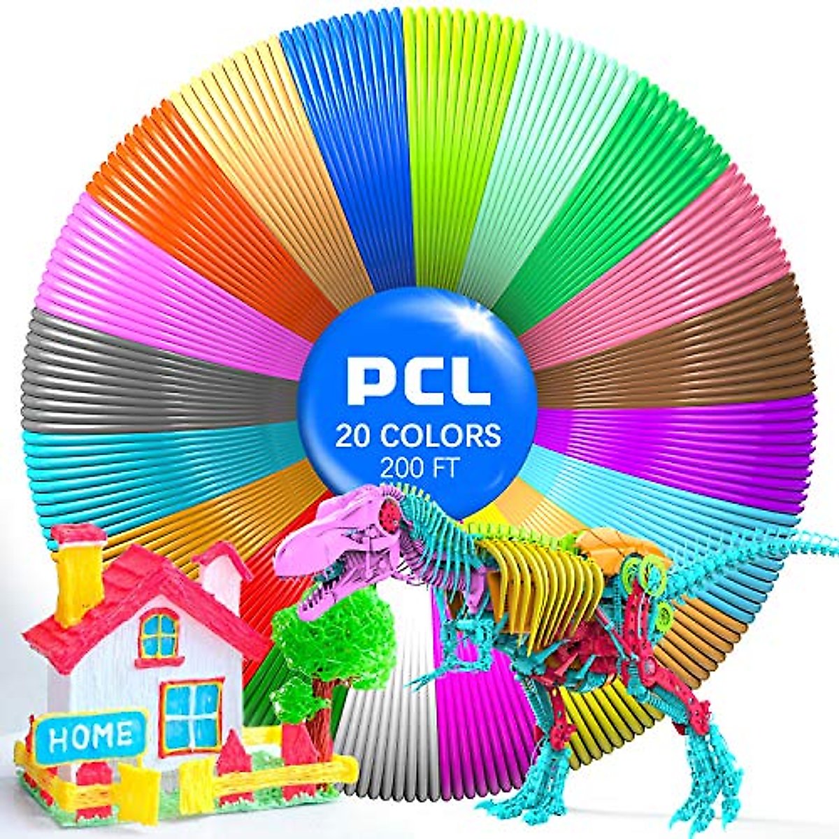 3D Printing Pen PCL Filament Refills 1.75mm, Pack of 20 Colors, Low Melting Temp of 70℃, High-Precision Diameter, Non-Toxic Non-Clogging(200 FT)（not Included 3D Pen）