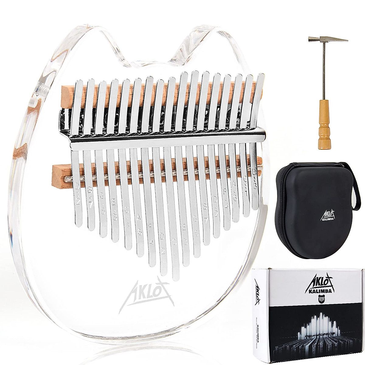 Kalimba Thumb Piano, AKLOT 17 Keys Transparent Acrylic Cat Note Carved Starter Finger Piano with Kalimba Case Tune Hammer Study Booklet Stickers