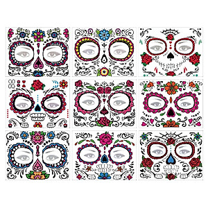 Day of Dead Face Tattoos, 6-Sheet Sugar Skull Tattoos Temporary Stickers and 3-Sheet Fake Floral Black Skeleton Web Full Face Mask Tattoo for Women Girls Kids Holloween Face Makeup