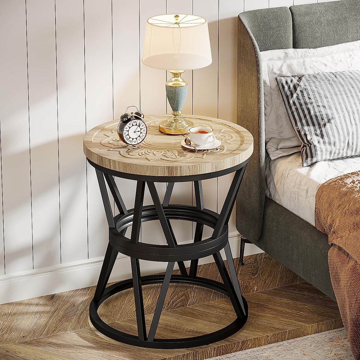 Tribesigns Side Table Set of 2, Round Carved End Table for Living Room, Bedroom, Small Side Table with Metal Frame, Accent Coffee Table, Nightstand with Acrylic Tabletop