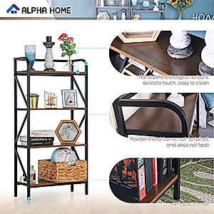 ALPHA HOME 4-Tier Bookshelf Industrial Bookcase Tall Book Shelf Storage Organizer and Display Rack for Living Room, Bedroom and Office