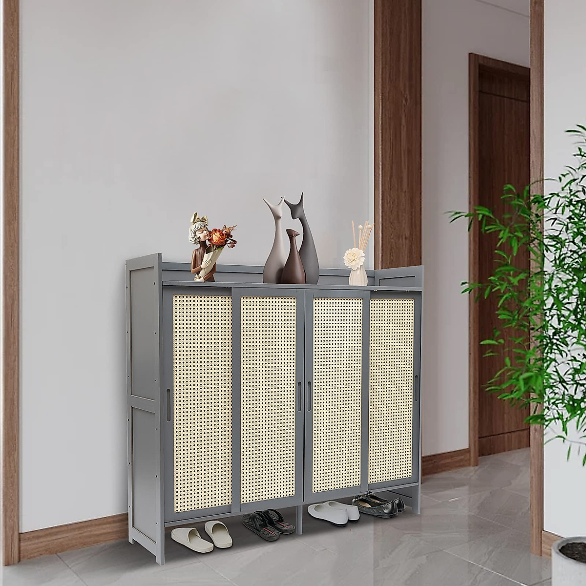 Vintoro 6 Tier Bamboo Freestanding Shoe Shelf Storage,Ventilated Two-Way Sliding Door Shoe Cabinet, Shoe Cabinet with Plastic Doors, Shoe Rack Organizer, for Home Entryway Bathroom Bedroom, Gray