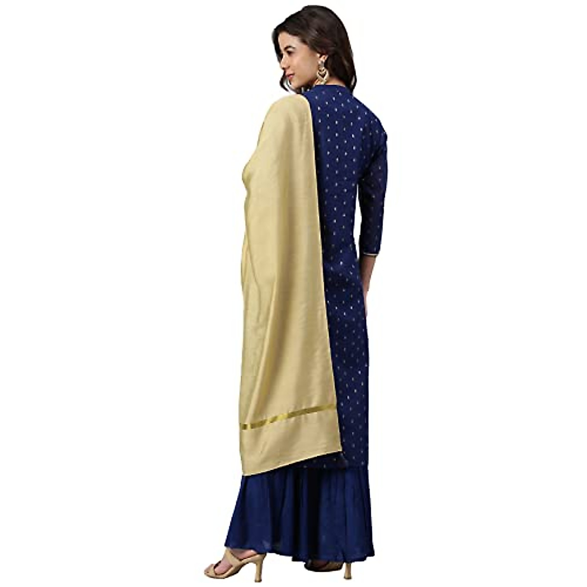 Janasya Women's Dark Blue Chanderi Silk Woven Kurta with Sharara and Dupatta(SET472-KR-SHA-S)