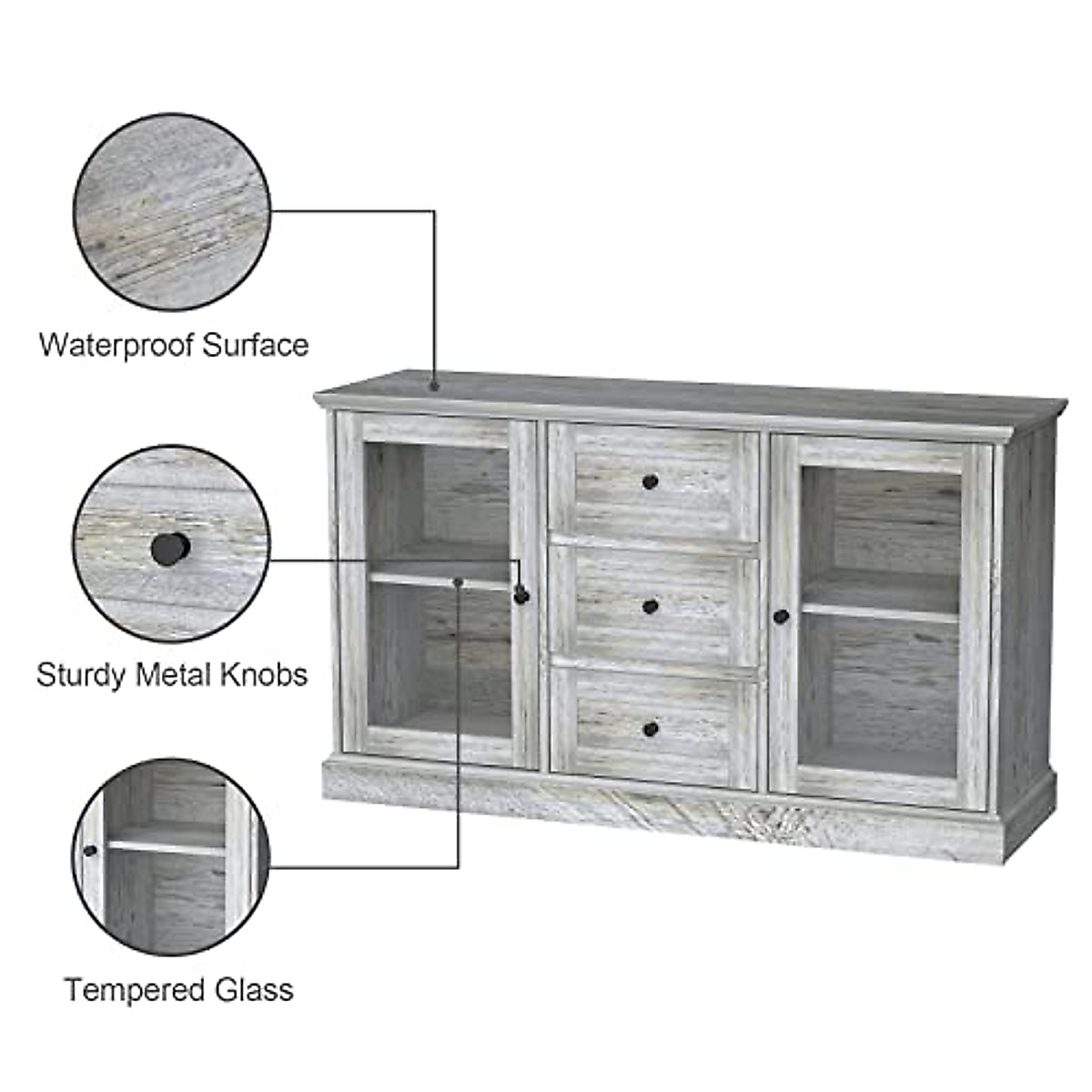 furduzz Kitchen Sideboard 52” Buffet Cabinet with Glass Doors, 3 Drawers and Display Shelves,Wooden Coffee Bar Cupboard Server Console Table Floor Cabinet for Home Dining Room Living Room Storage,Gray