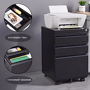 RIDFY Rolling File Cabinet with Lock, 3-Drawer Office Storage Filing Cabinet for Letter Size, Steel Metal Filing Cabinet for Home Office,Lateral File Cabinet for Place The Printer,Black