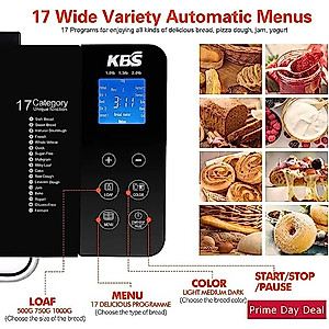 KBS Bread Maker-710W Dual Heaters, 17-in-1 Bread Machine Stainless Steel with Auto Nut Dispenser&Ceramic Pan, Gluten-Free, Dough Maker,Jam,Yogurt PROG, Touch Panel, 3 Loaf Sizes 3 Crust Colors,Recipes