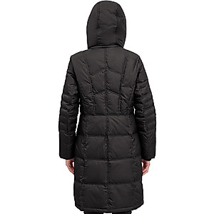LONDON FOG Women's Chevron Coat with Faux Fur Trimmed Hood, Black, Large