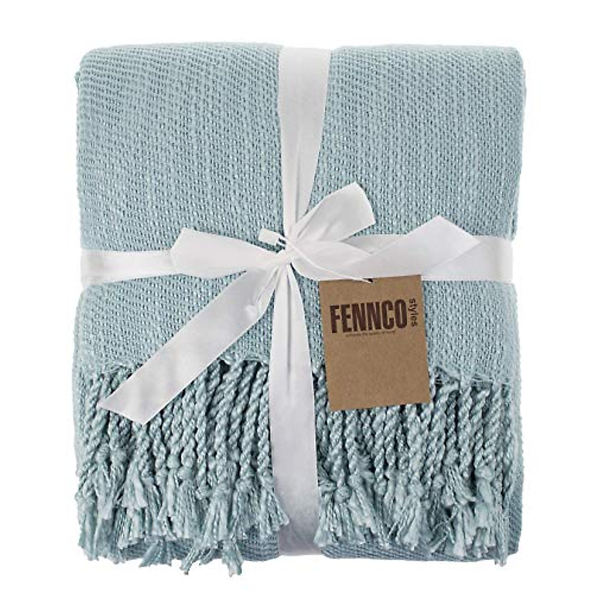 Fennco Styles Classic Woven Solid Lightweight Throw Blanket with Fringe Design 50" W x 60" L - 4 Colors (Aqua)