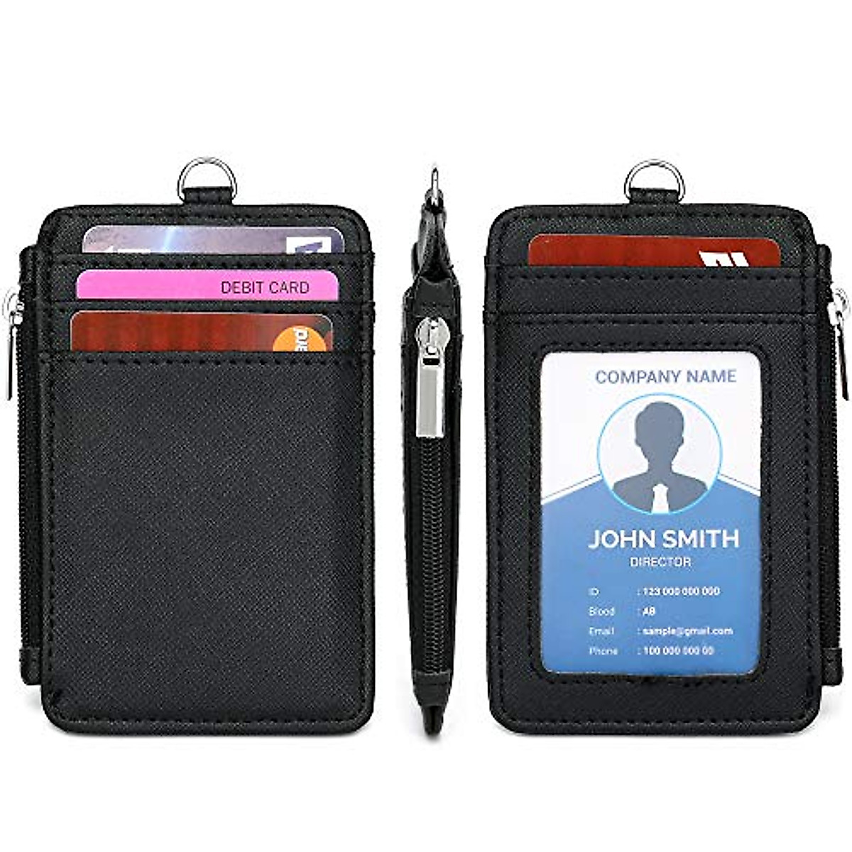 Leamekor ID Badge Holder with Neck Lanyard PU Leather ID Badge Wallet Case with 1 ID Window, 4 Card Slots, 1 Side Zipper Pocket