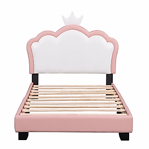 Cute Upholstered Princess Bed with Crown Headboard, Twin Size Leather Platform Bed with Wood Slats for Kids Boys Girls