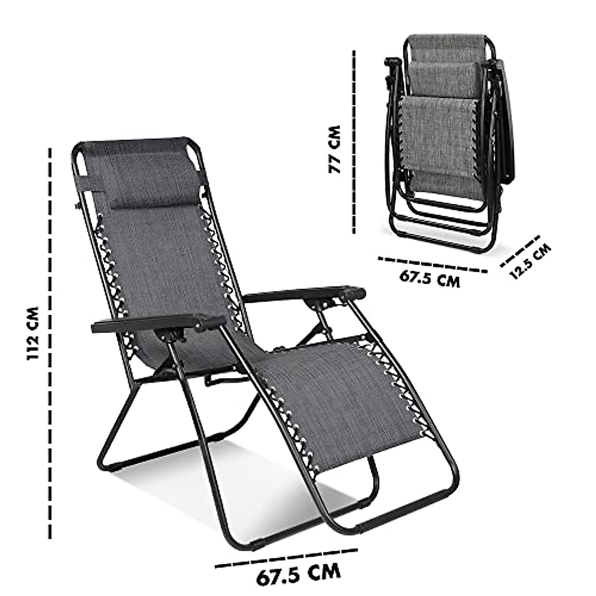 KEPLIN Zero Gravity Chairs Set of 2 with Canopy - Made of Textoline I Heavy Duty Lounger for Garden I Patio Sun Loungers I Folding Reclining Chairs (Grey)