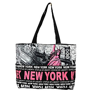 Robin Ruth Statue of Liberty NY Skyline Canvas Tote Shoulder Bag Black/Fuschia