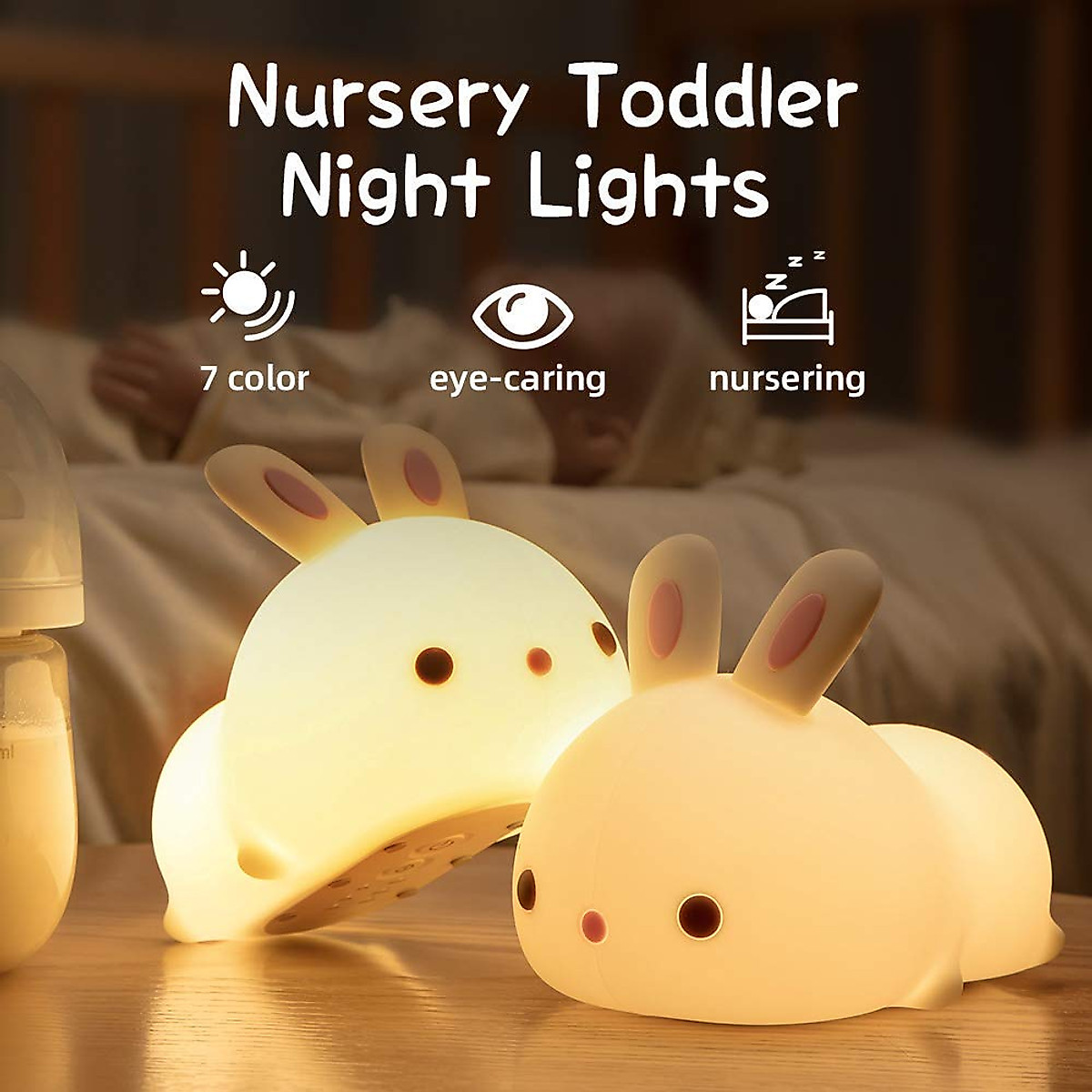 Cute Bunny Kids Night Light, Bunny Light Cute Lamp Battery Operated Nursery Toddler Night Lights for Girls Kids Babies - Portable Squishy Color Changing Birthday Christmas Gift Nightlight for Children